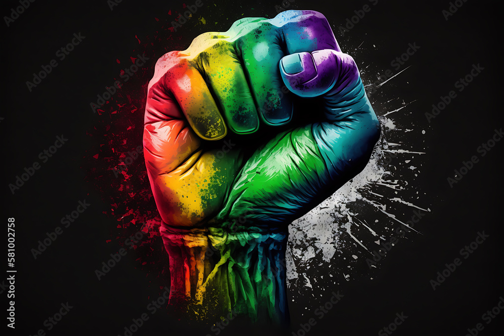 Generative ai illustration of LGBT flag and a fist, a hand with a ...