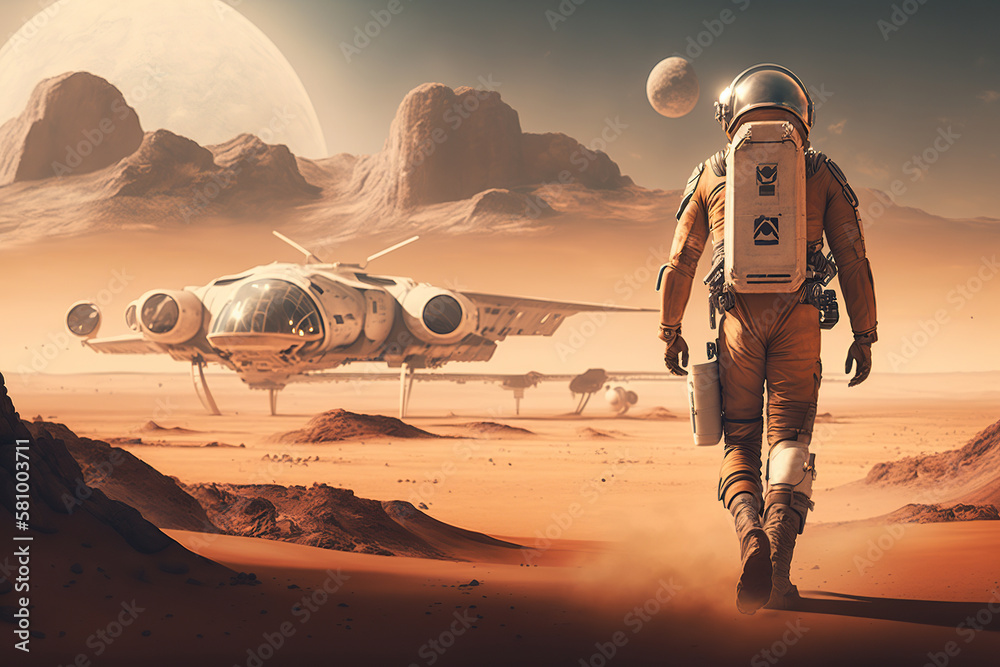 Futuristic fantasy image city building on Mars, flying ships with ...