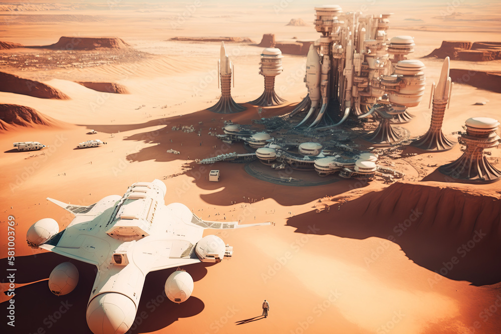 Futuristic fantasy image city building on Mars, flying ships with ...