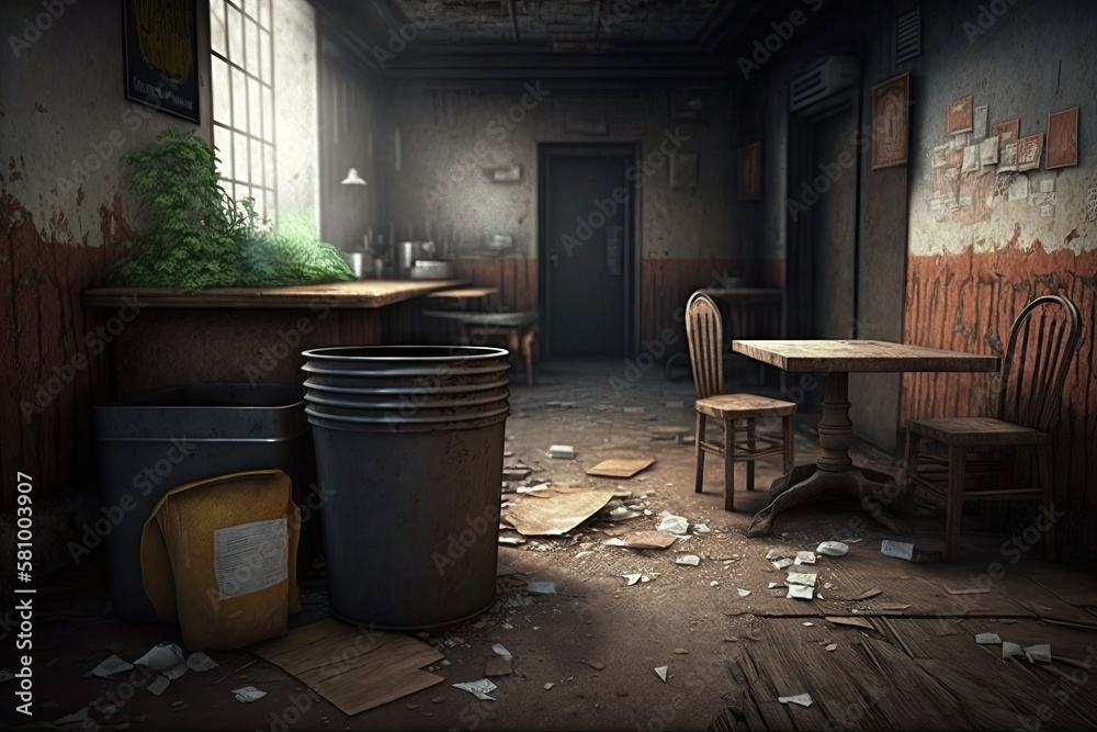 small room with dirty floor littered garbage can behind restaurant ...