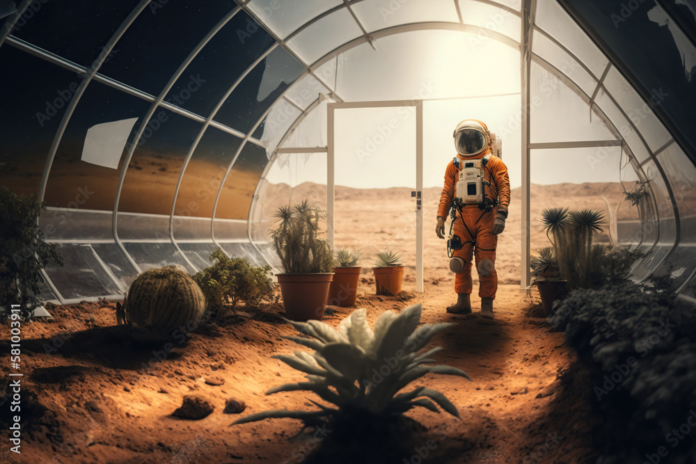 Astronaut growing plant in greenhouse on Mars, futuristic fantasy image ...