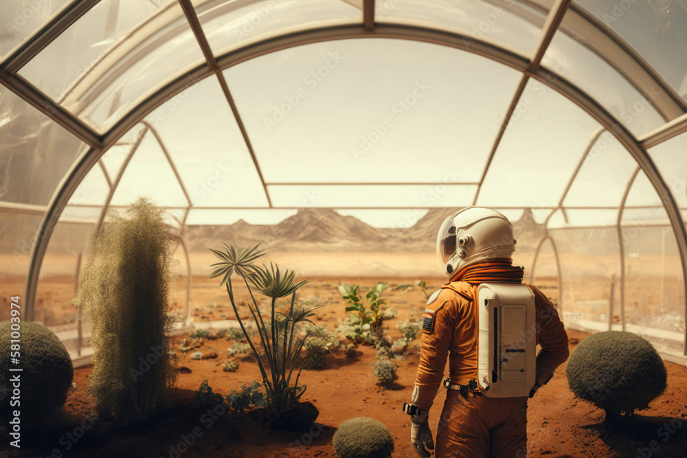 Astronaut growing plant in greenhouse on Mars, futuristic fantasy image ...