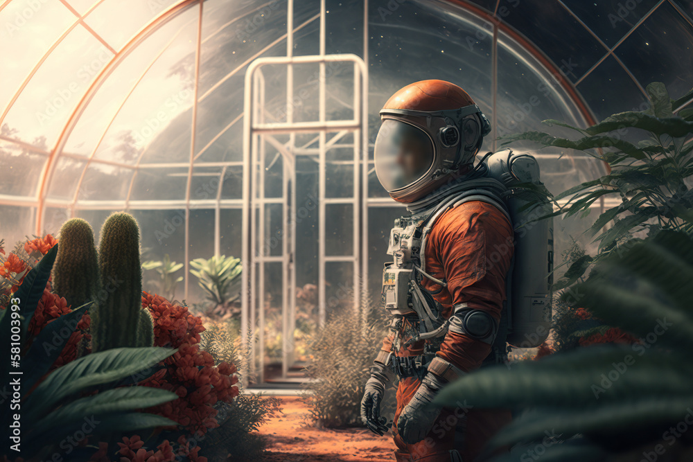 Astronaut growing plant in greenhouse on Mars, futuristic fantasy image ...