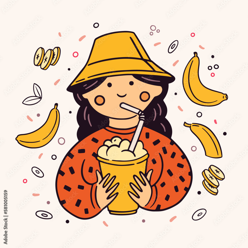 Cartoon girl drinking a milkshake. Cute girlie in a panama among ...