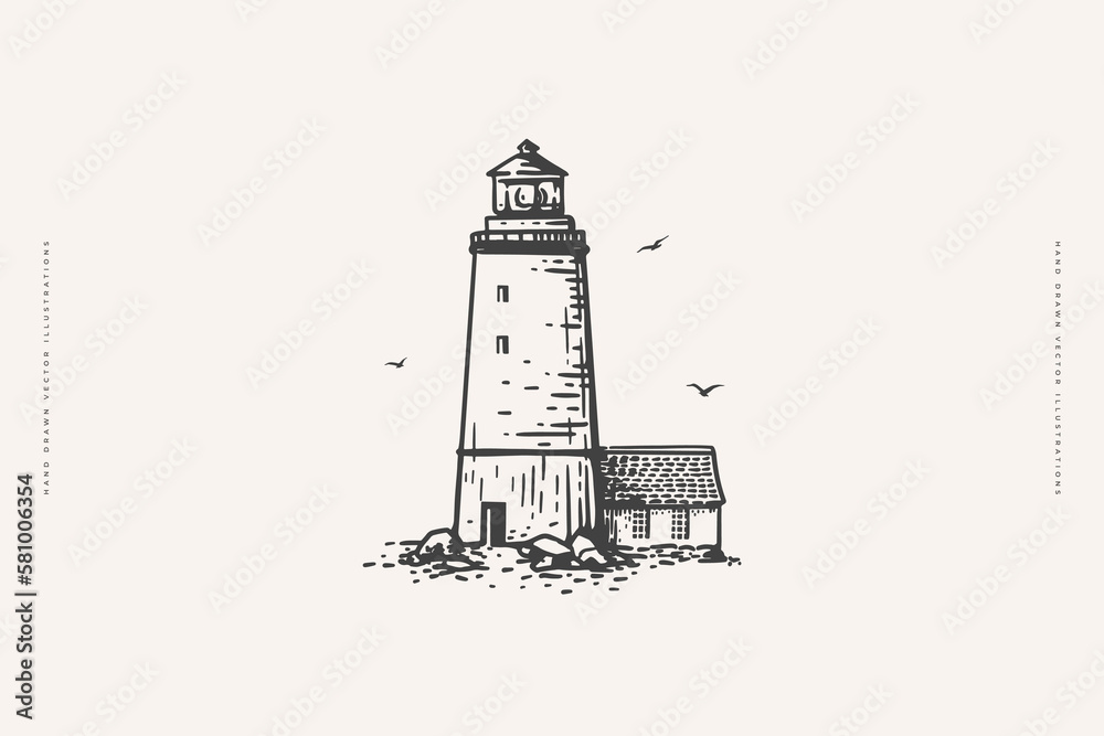 Ancient lighthouse building in engraving style. Nautical lighthouse on ...