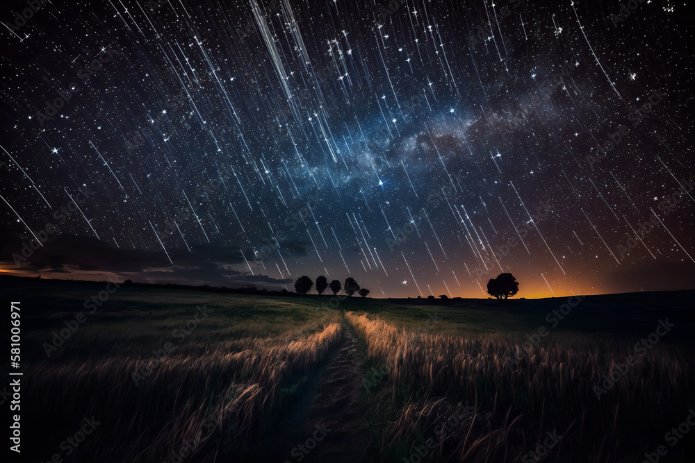 starry night sky, with shooting stars leaving trails of sparkling light ...