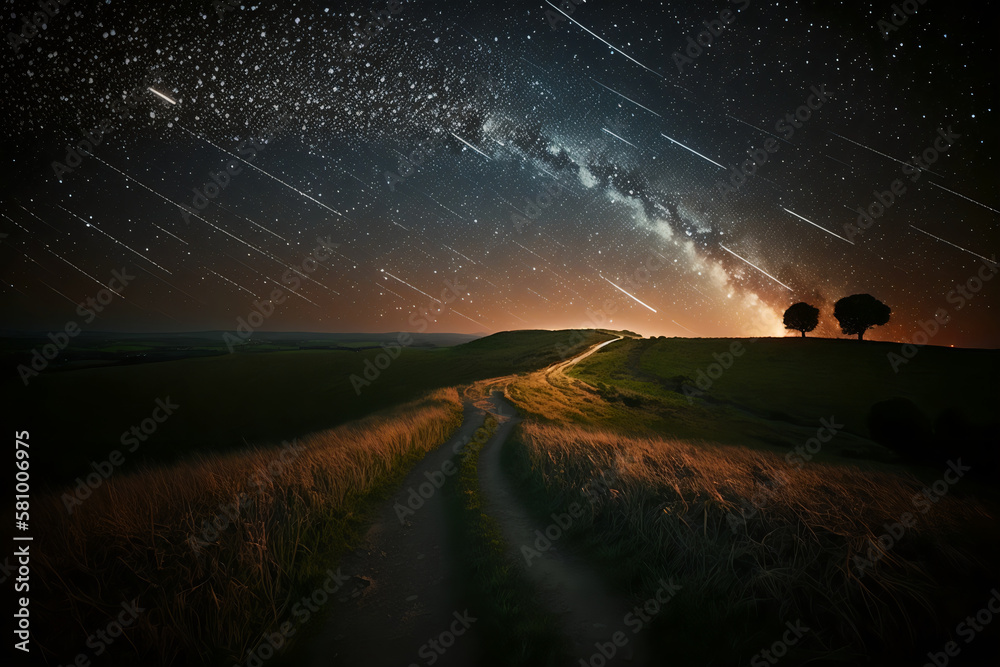 starry night sky, with shooting stars leaving trails of sparkling light ...