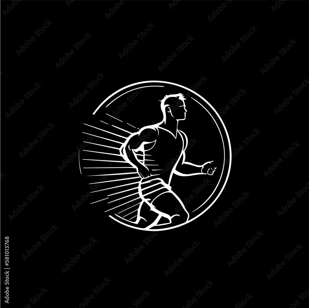 White icon of runner silhouette on black background, sport logo ...