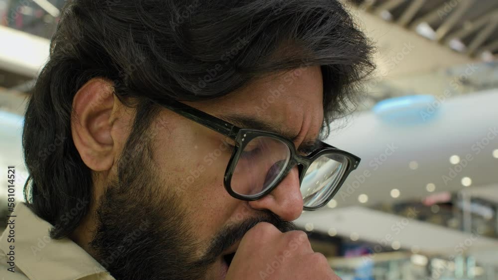 Vidéo Stock Close up sick Indian businessman in office coughing suffer ...