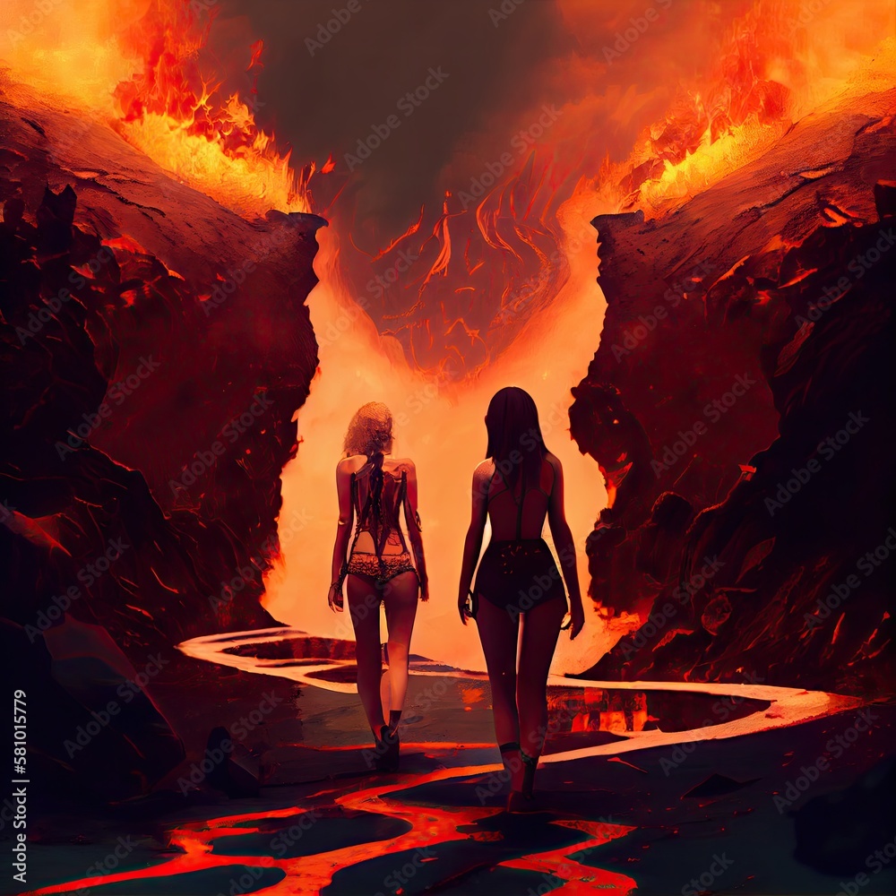 Girls In Bikini Walk On Path Between Fiery Hills As Gate Of Hell