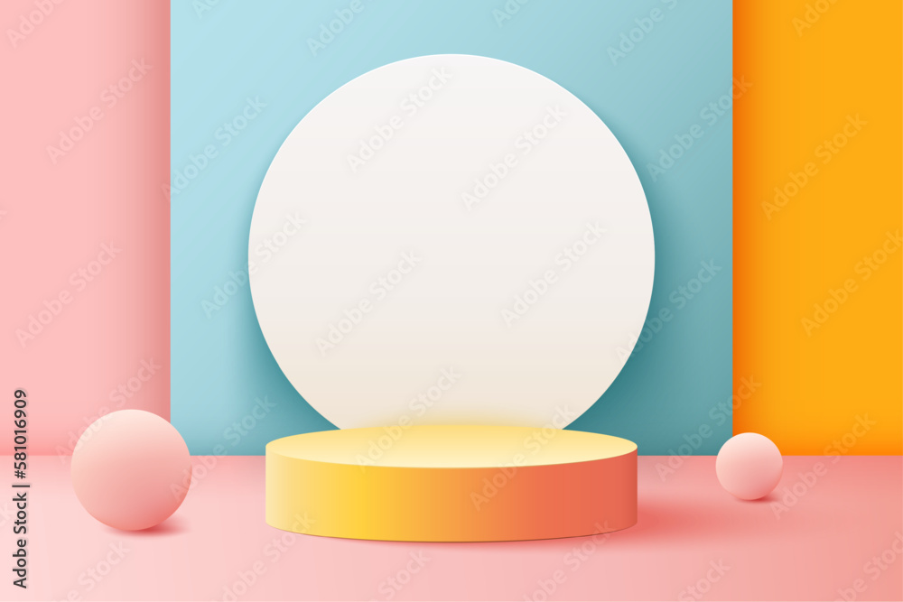 Abstract 3D realistic colorful empty round podium and pink spheres ... Abstract 3D realistic colorful empty round podium and pink spheres ...
