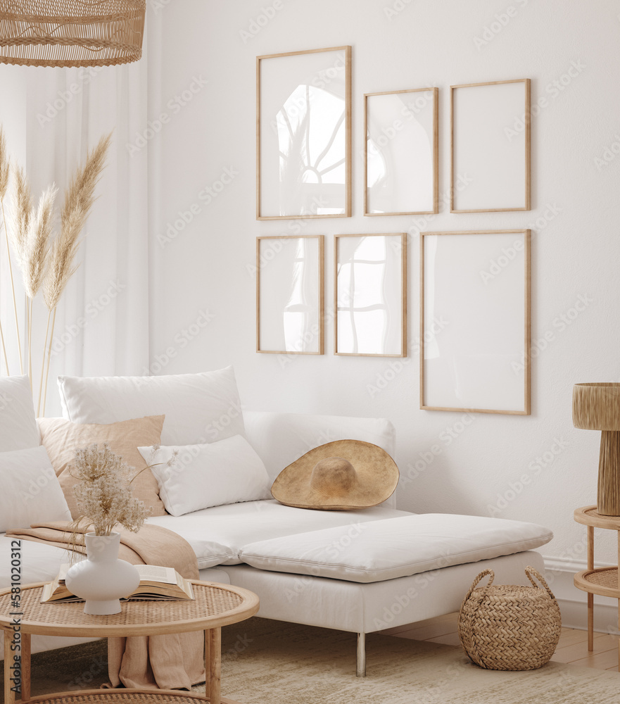 Frame mockup in living room interior background, Coastal boho style, 3D ...