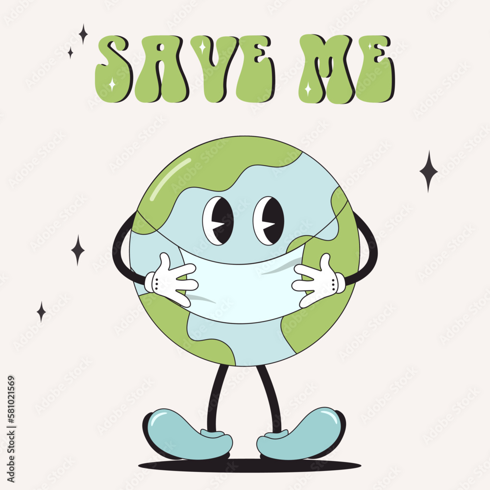Retro groovy cartoon style earth planet.Earth Day. Save the Earth ...
