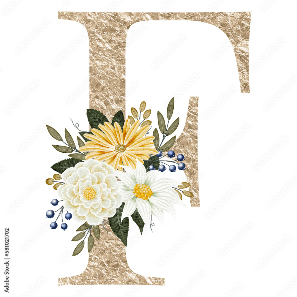 Floral alphabet, gold letter F with watercolor flowers and leaf Stock ...