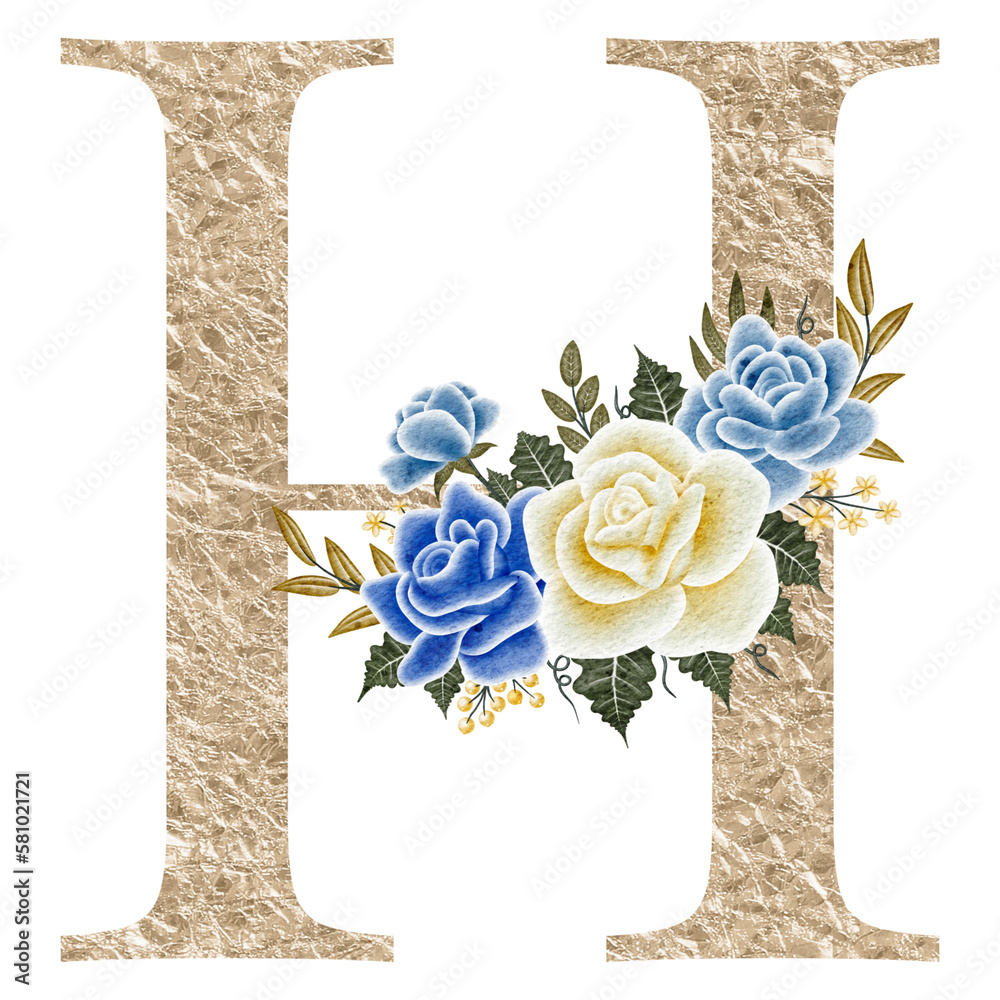 Floral alphabet, gold letter H with watercolor flowers and leaf Stock ...