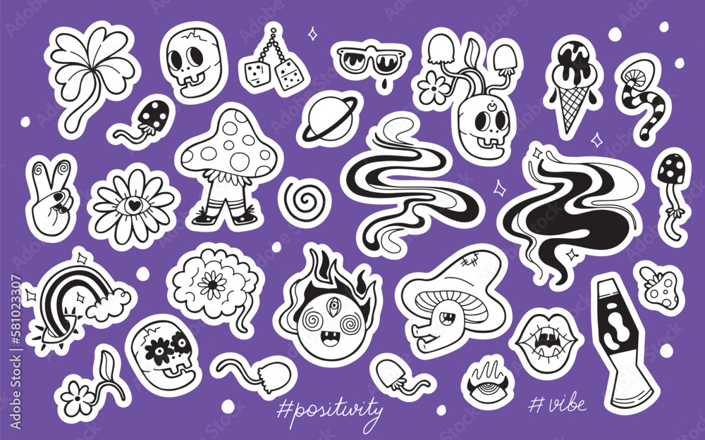 Big hand drawn set with stickers of psychedelic characters and objects ...