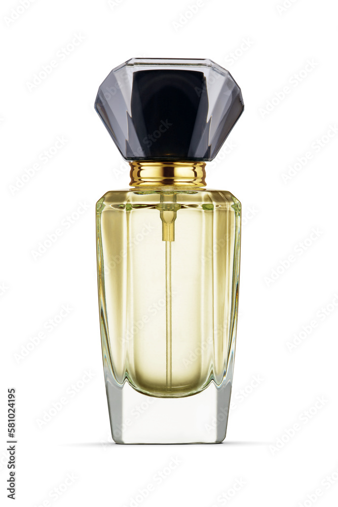 Transparent bottle of yellow perfume with black lid isolated on a white ...