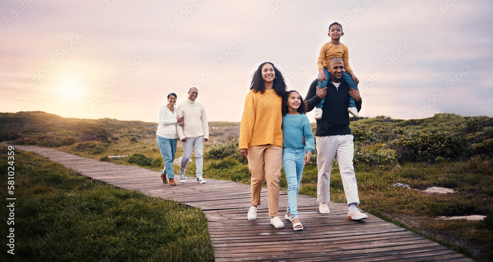 Black family, walking or sunset with parents, children and grandparents ...
