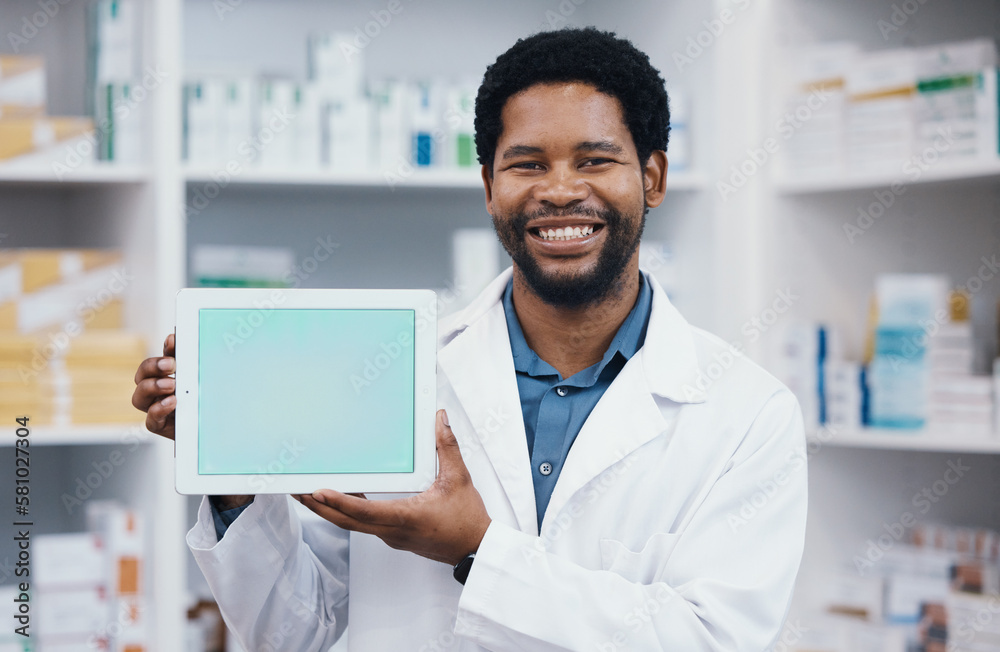 Pharmacist man, tablet and green screen in mockup portrait for medicine ...