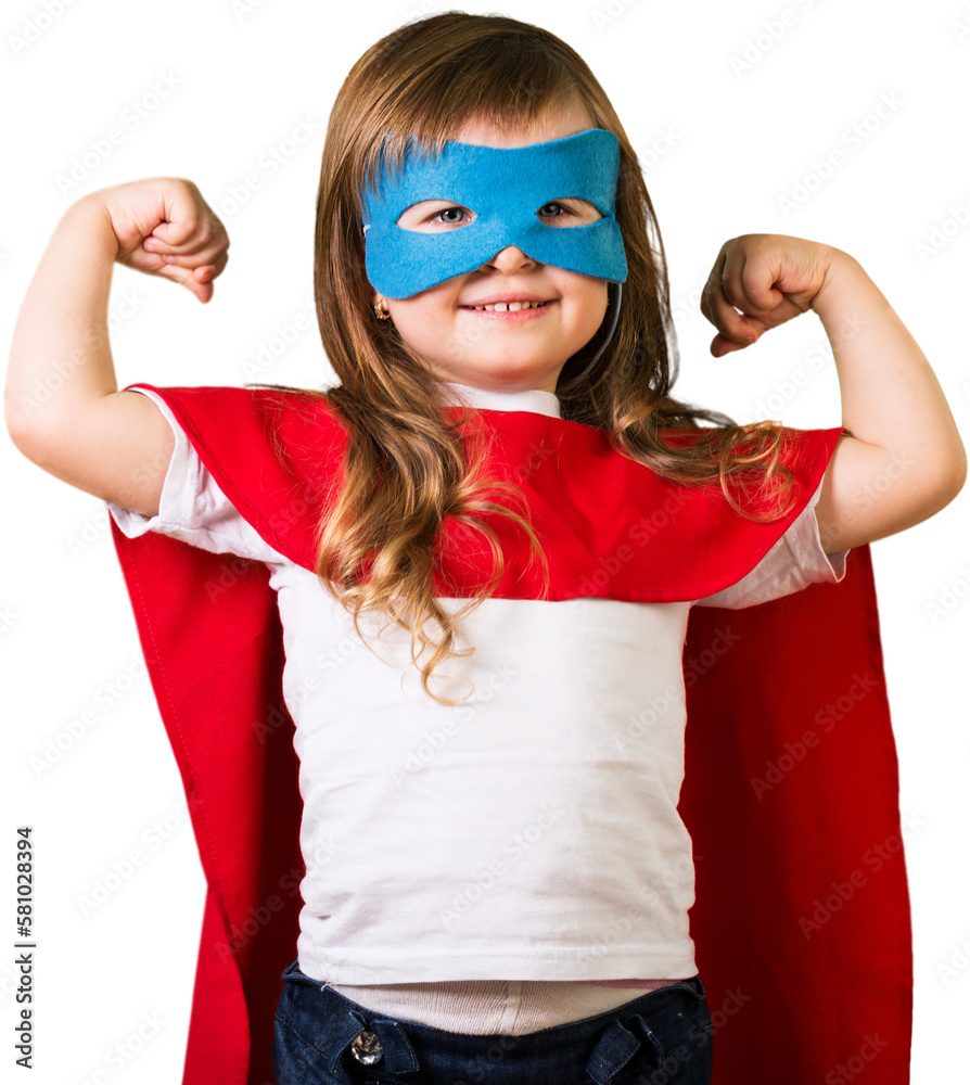 Portrait of beautiful little girl in superhero costume on white ...