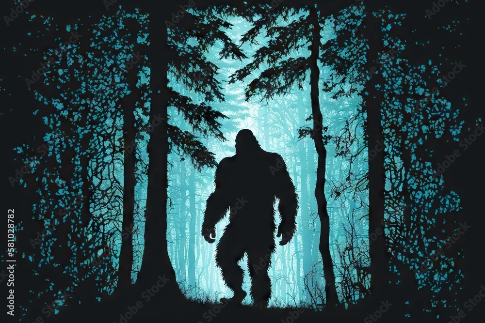 dark silhouette of mystical bigfoot hiding in forest among trees, created with generative ai ...