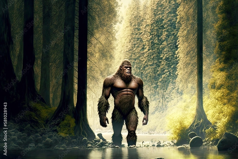 muscular bigfoot stands in dense forest in middle of shallow river, created with generative ai ...