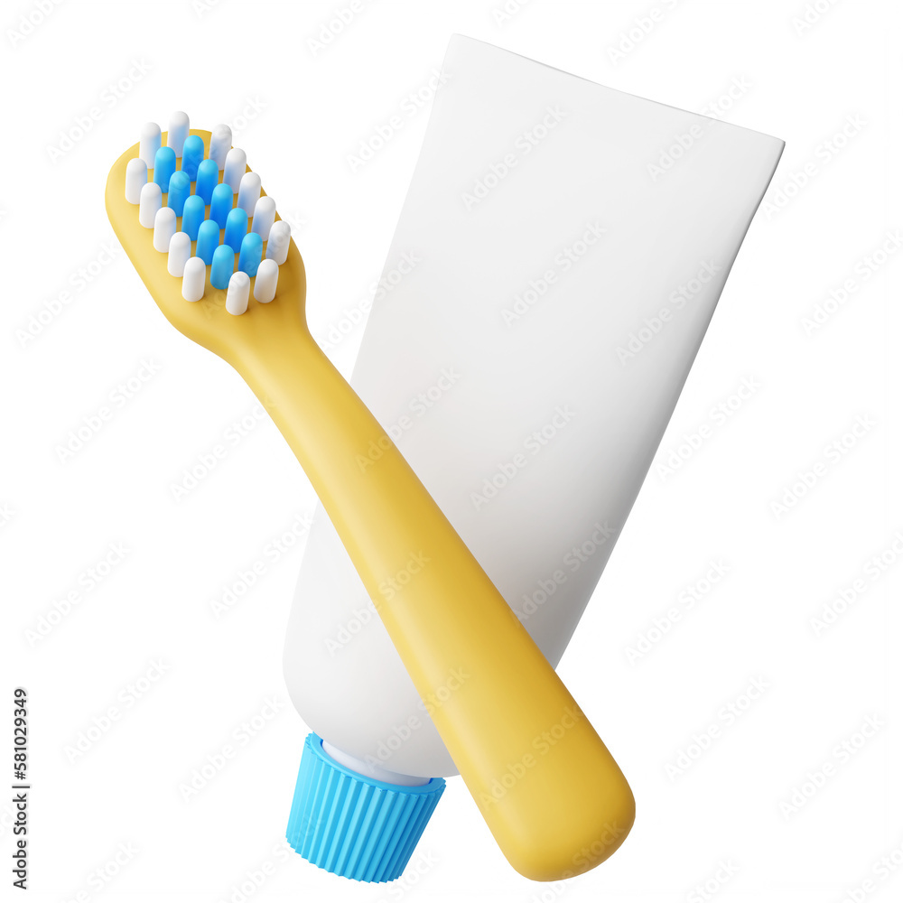 Cute cartoon style yellow toothbrush and toothpaste tube with ...