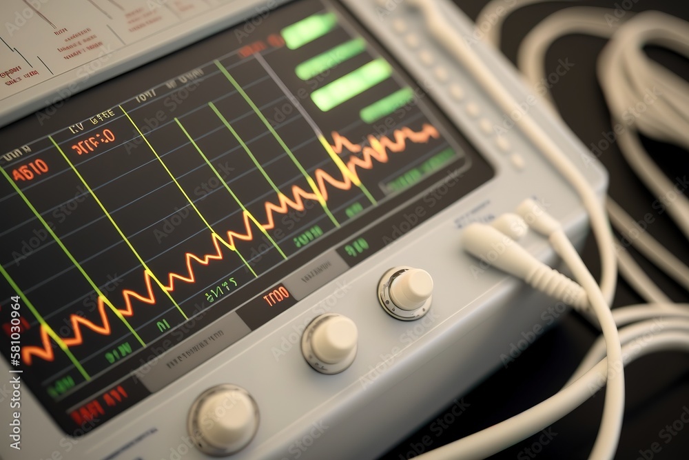 Closeup view of ECG machine display and print out trip chart indicating ...