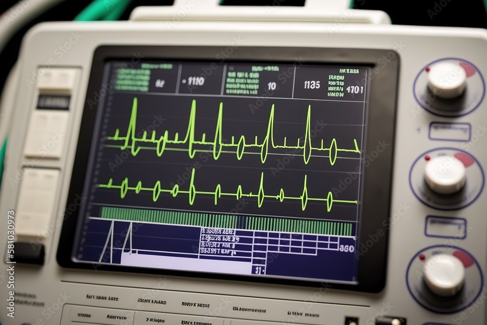 Closeup view of ECG machine display and print out trip chart indicating ...
