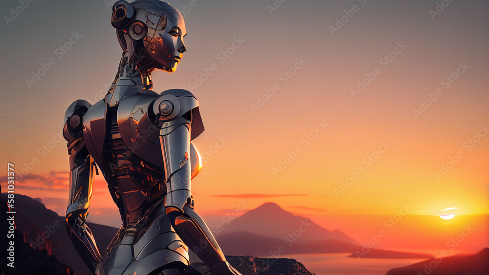 Beautiful female robotic assistant on the sunset background ...