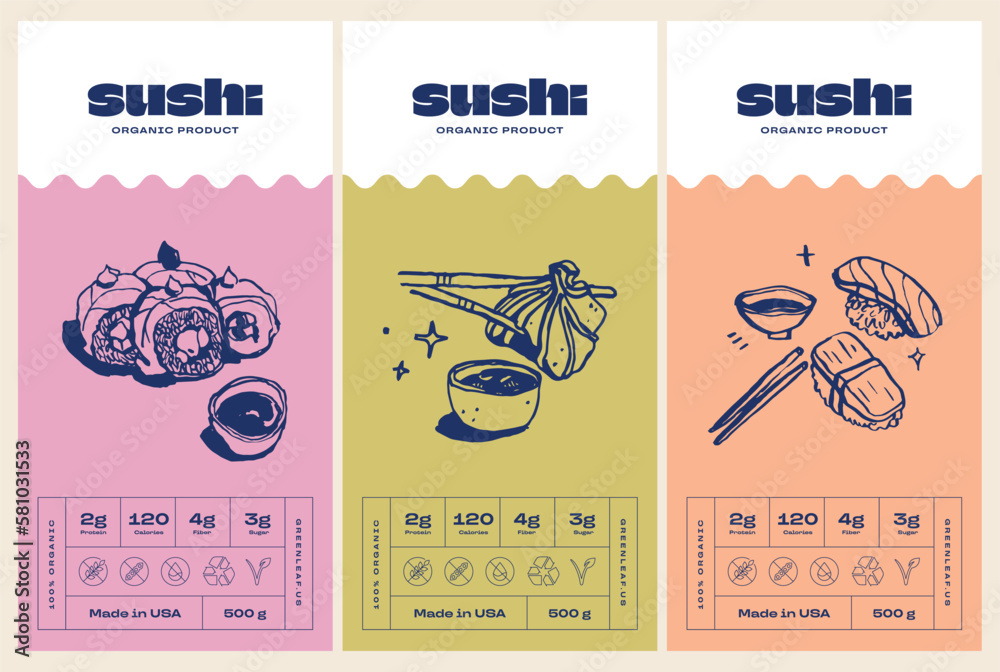 Hand drawn line art food vector packaging label design template. Boho ...