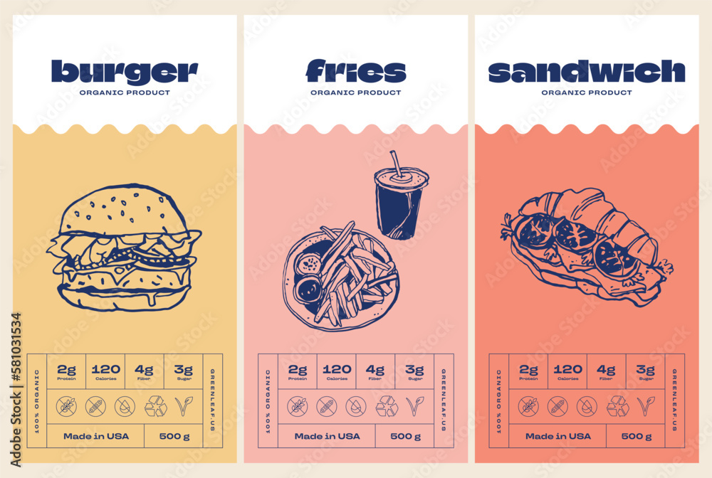 Hand drawn line art food vector packaging label design template. Boho ...