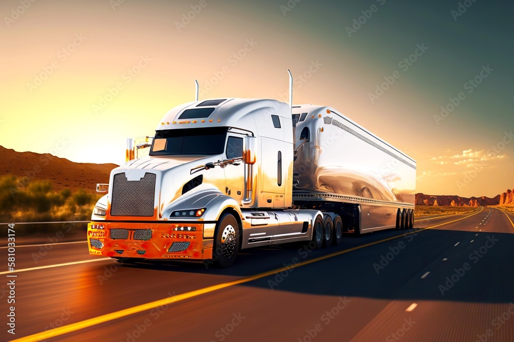 high-speed cargo truck with loaded trailer rides on country highway ...