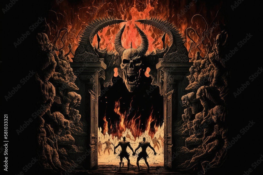 inferno hell with gate to hell and figures of angry demons, created ...