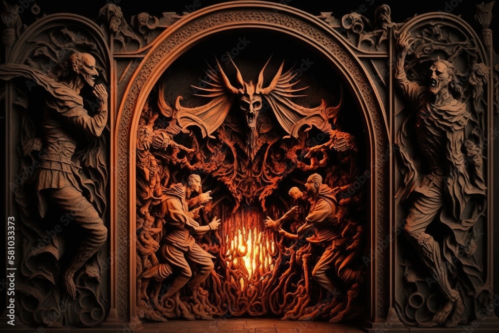 inferno hell with gate to hell and figures of angry demons, created ...