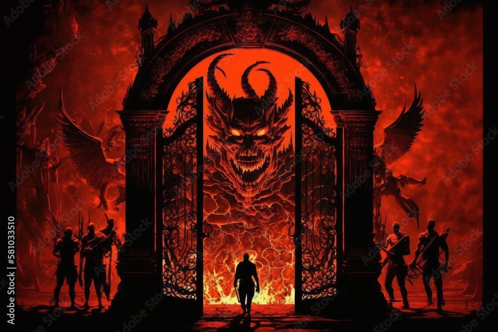 inferno hell with gate to hell and figures of angry demons, created with generative ai Stock ...