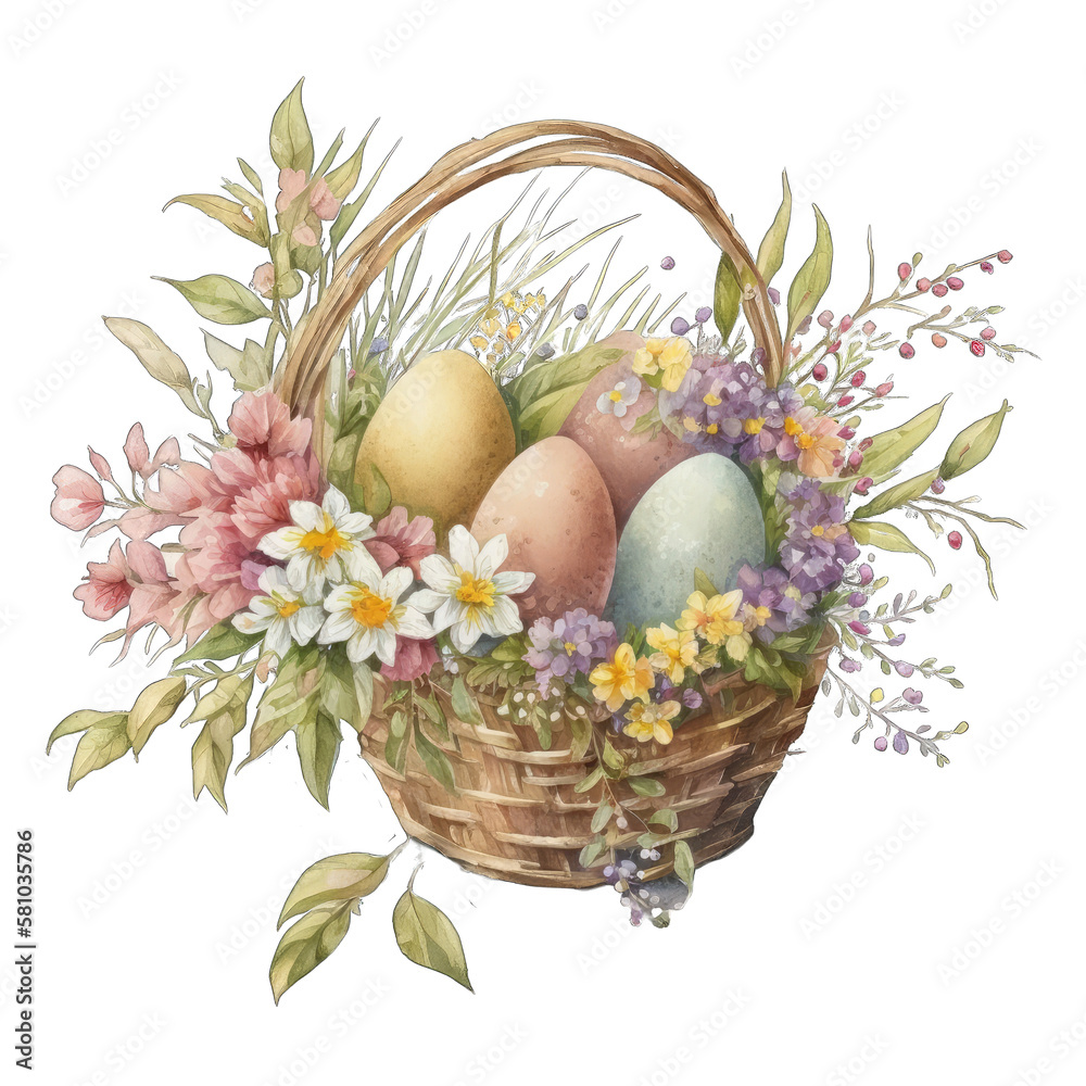 Easter basket watercolor with flowers and easter eggs. Transparent ...