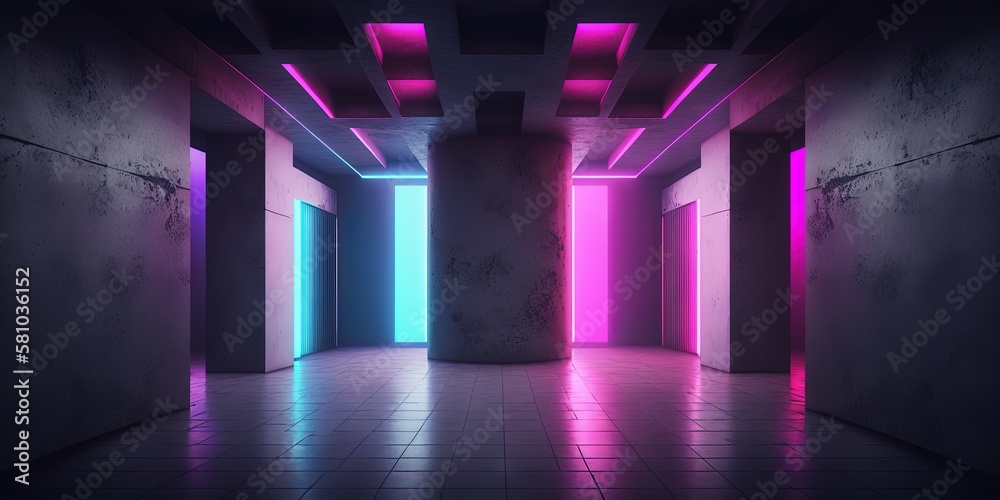 An empty, dark room with a modern, futuristic sci-fi concept club ...