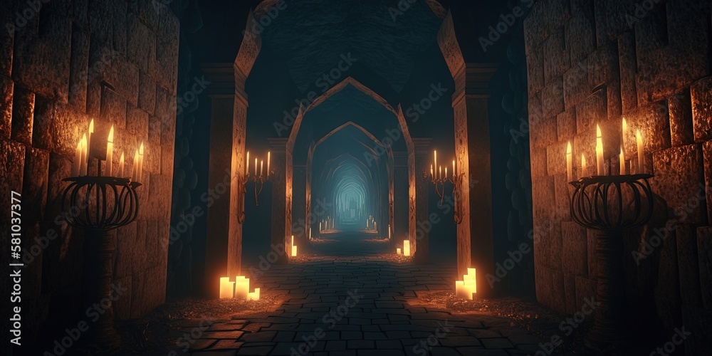 Fear-inducing medieval underground passageways lit by torches An eerie ...