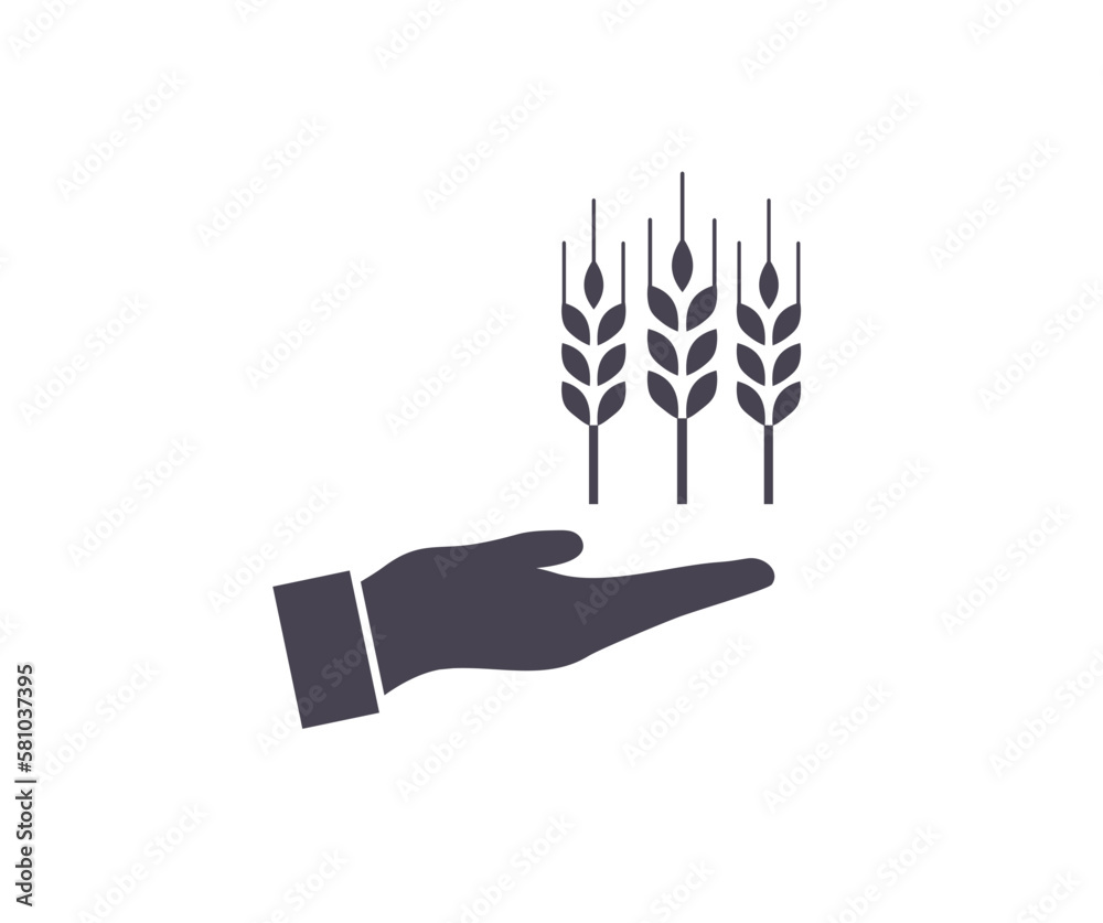 Farmers hand holding ears of wheat icon. Check, analyze, plan and take ...