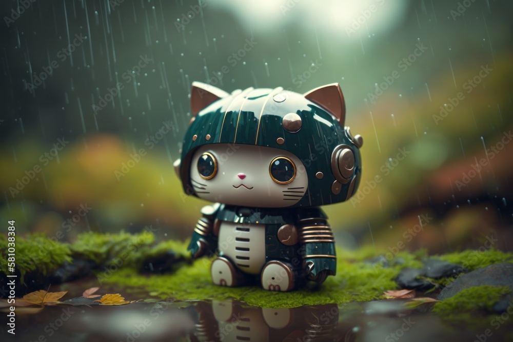 Cute Kawaii Robot in the Rainy Forest Stock Illustration | Adobe Stock