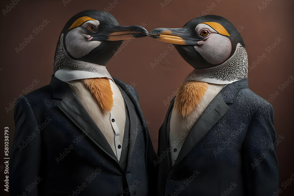 Two Penguins in Matching Suits, Creative stock image of animal couple ...