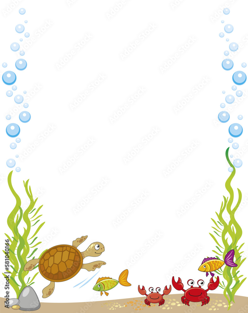 vector cartoon border, illustration of the underwater world with crabs ...