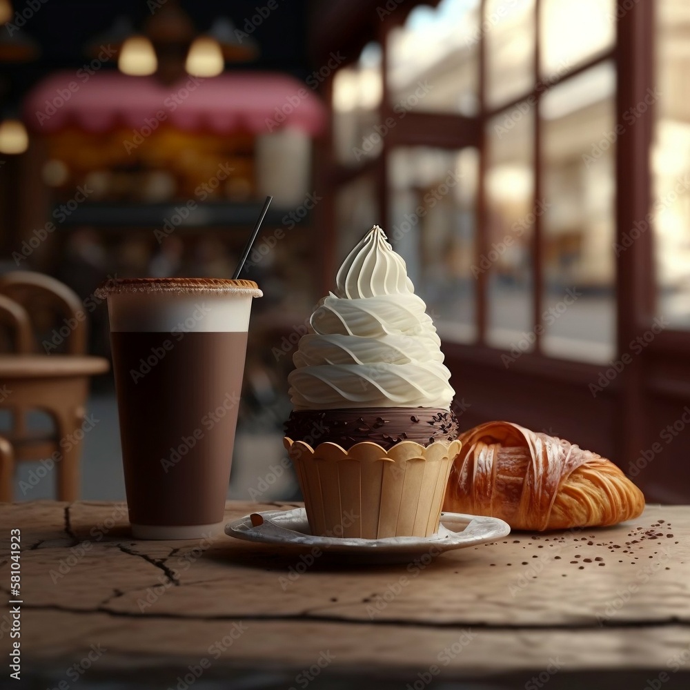 Coffee shop in France. Breakfast table in a cafeteria with a croissant ...