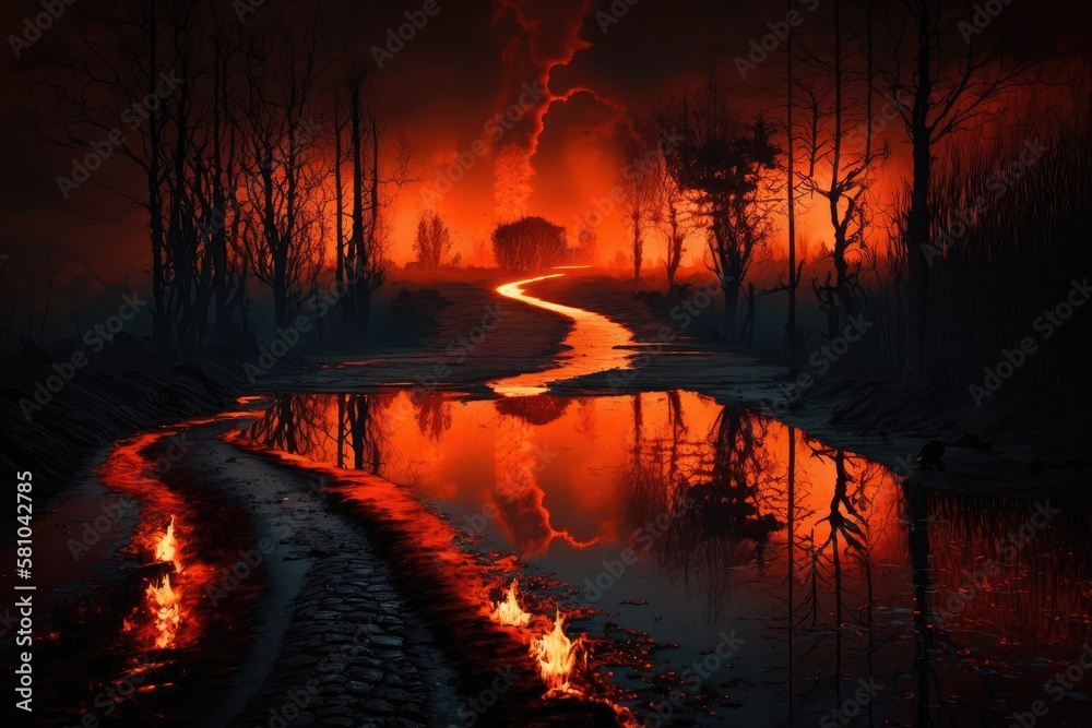 coiled snake against background of dark desert and gate to hell ...