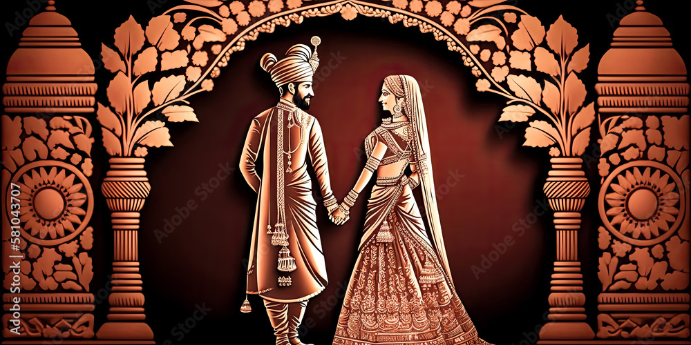 A romantic Indian wedding scene is depicted, with a newlywed couple ...
