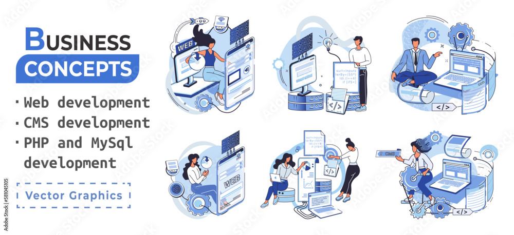 Website architecture concepts metaphor. Web development, PHP and MySQL, CMS, interface design ...