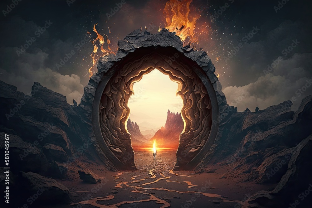 gate to hell opening in stone fissure that leads into burning abyss ...
