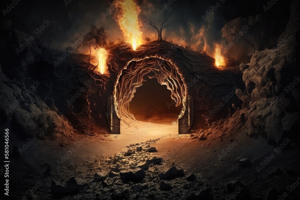 underground landscape with smoking burning pits and gate to hell ...