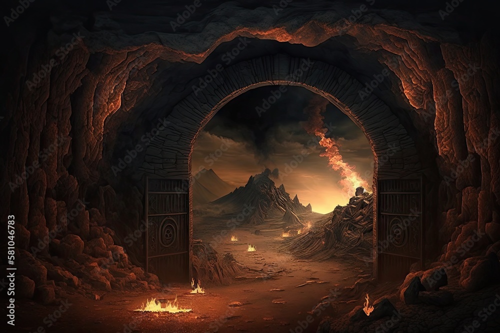 underground landscape with smoking burning pits and gate to hell ...